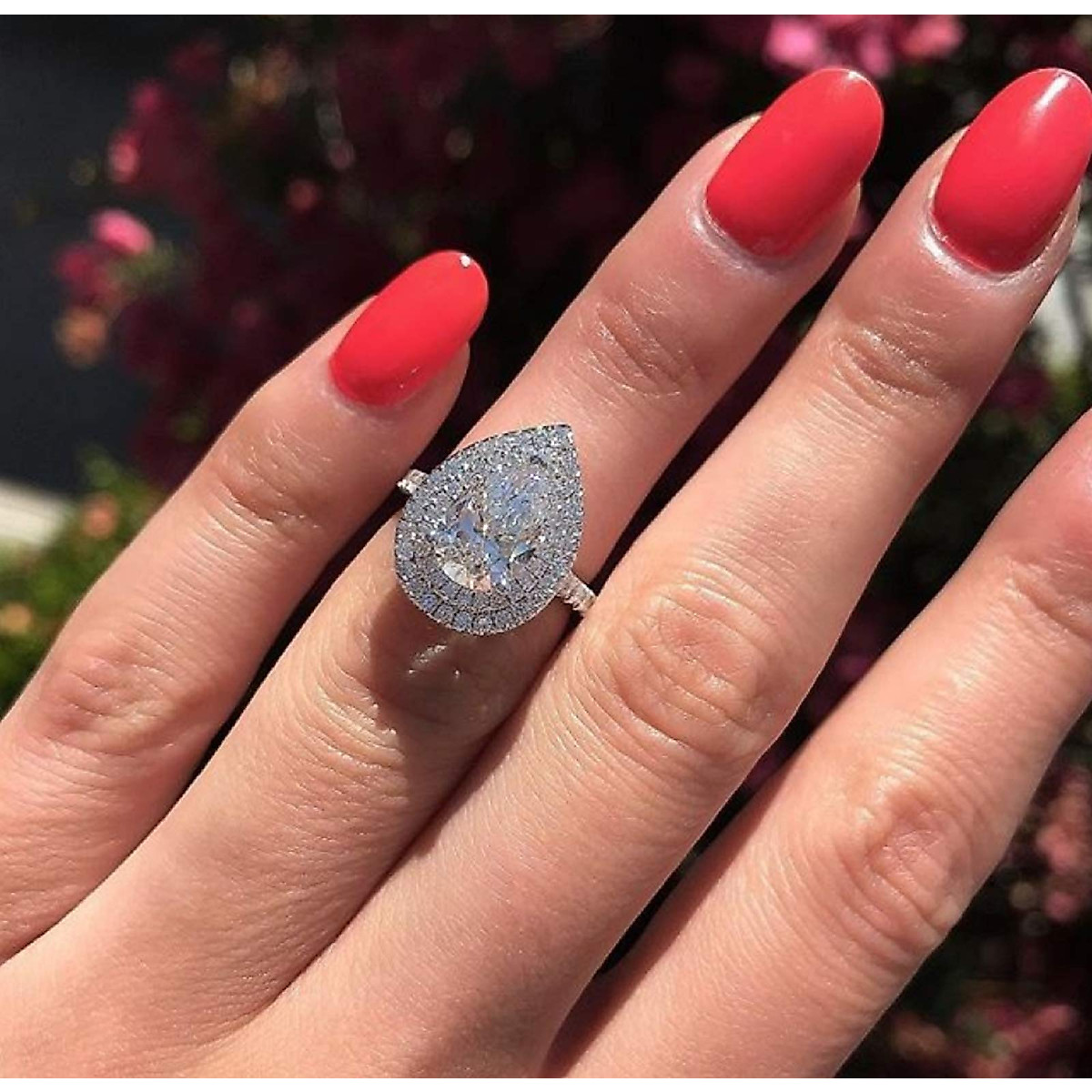 Yaya 925 Silver Classic Bridal Double Layer Drop-Shaped Zircon Ring Teardrop Halo Pear Cut Cubic Zirconia CZ Engagement Wedding Ring for Women (9#)