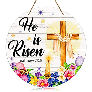 SICOHOME He is Risen Door Sign 11.5" Farmhouse Easter Cross Wreath Sign for Front Door Religious Easter Door Hanger Sign for Home Wall Farmhouse Porch Indoor Outdoor Spring Decor Supplies