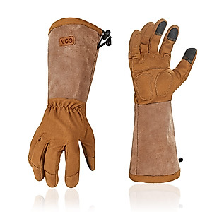 Vgo... Safety Work Gloves Men, Extended Pig Split Leather Cuff,Synthetic Leather, Rose Pruning Thorn Proof,Gardening(1 Pair,Size M, Brown,SL6592M)