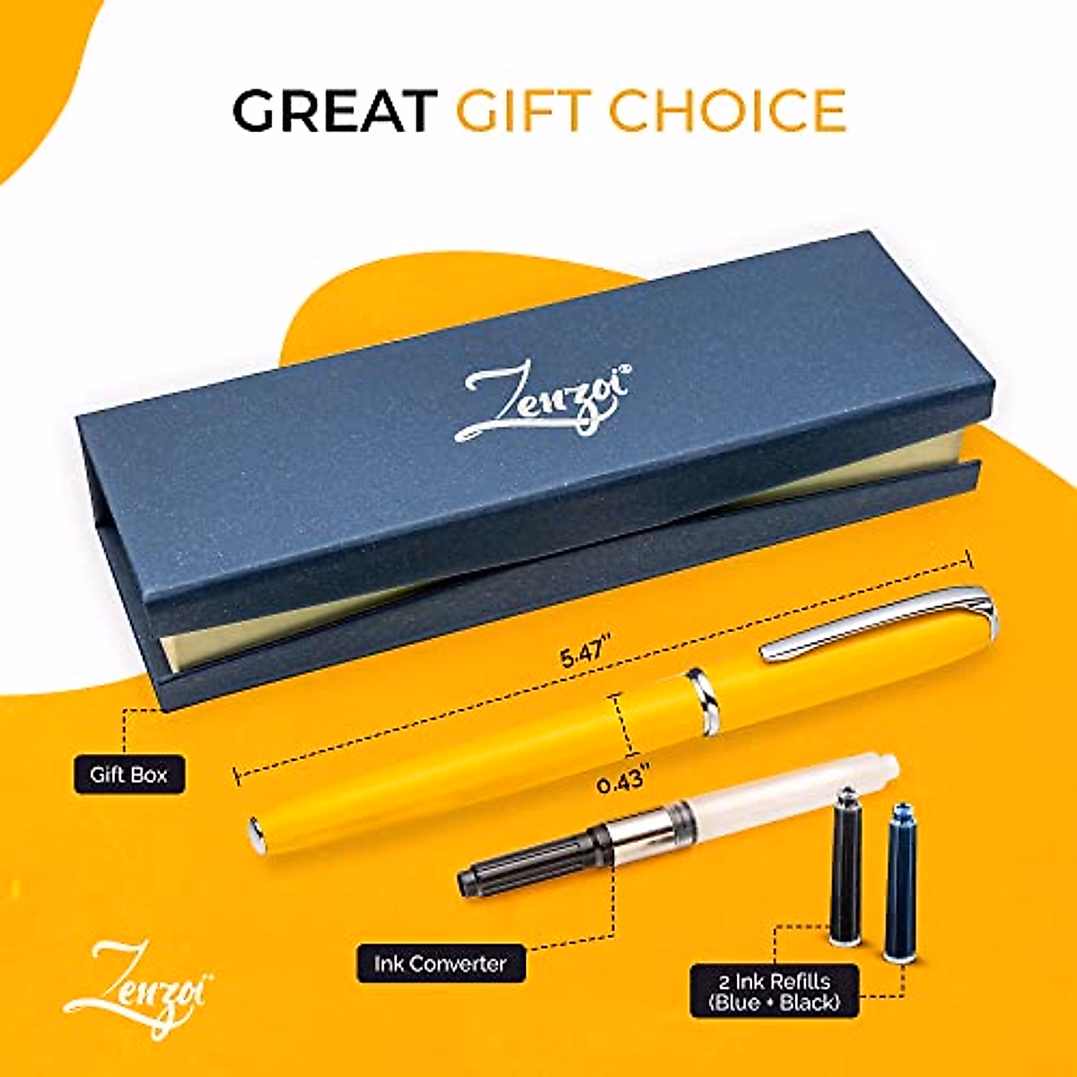 ZenZoi Yellow Fountain Pen Fine Nib - Luxury Pen For Women Men W/Schmidt Quality Tip. Refillable Smooth Writing Pen For Journaling, Drawing. Stylish High End Gift Box W/Ink Converter & Ink Cartridge