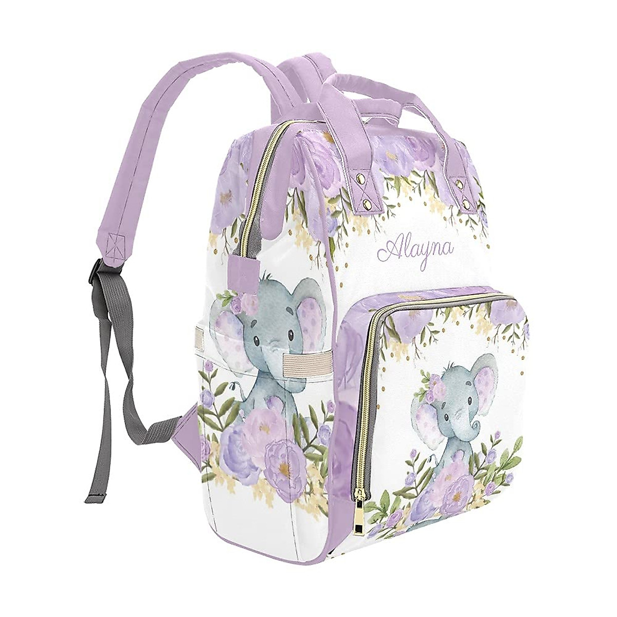 Yeshop Personalized Diaper Backpack Purple Violet Floral Elephant Multi Function Diaper Bag Travel Daypack Nursing Nappy Bag