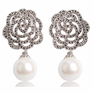 Fashion Designer Rhinestone Camellia Flower Statement Dangle Imitation Pearl Earrings for Women