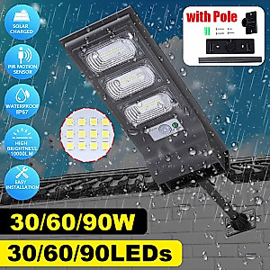 LED Solar Street Light Powerful COB Solar Light PIR Motion Sensor IP67 Outdoor Solar Wall Street Light Waterproof Lamp (30w)