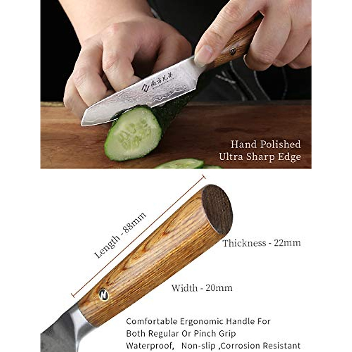 Paring Knife 3.8Inch Damascus Steel Knife Professional Super Steel VG10 Comfortable Ergonomic Wood Grain Handle Very Sharp Paring Knives for Kitchen–Gift Box