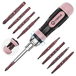 VIGRUE 19-in-1 Ratchet Screwdriver Set, S2 professional-grade Multi-Bit Screwdriver, Multi-purpose Magnetic Precision Driver High- Strength Bits, Slotted/Philips/Pozi/Torx/Hex Best Tool Gift for Man