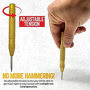 Automatic Center Punch - 5 inch Brass Spring Loaded Center Hole Punch with Adjustable Tension, Hand Tool for Metal or Wood - Pack of 2