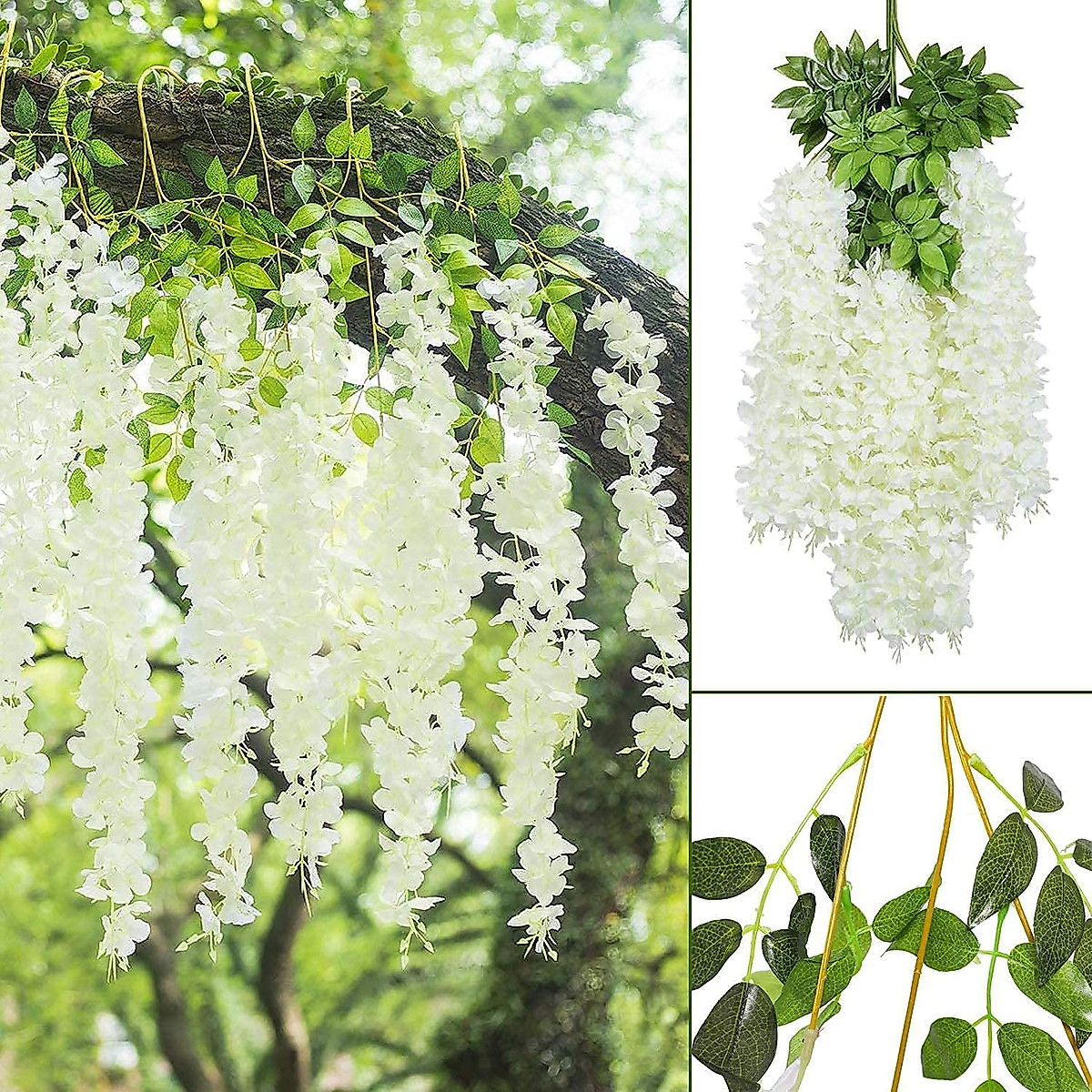 Beautymee Artificial Wisteria Garland 12Pack 3.6 Feet Artificial Flowers Fake Wisteria Vine Silk Flower for Wedding Decorations Home Garden Party Decor (White, 12)