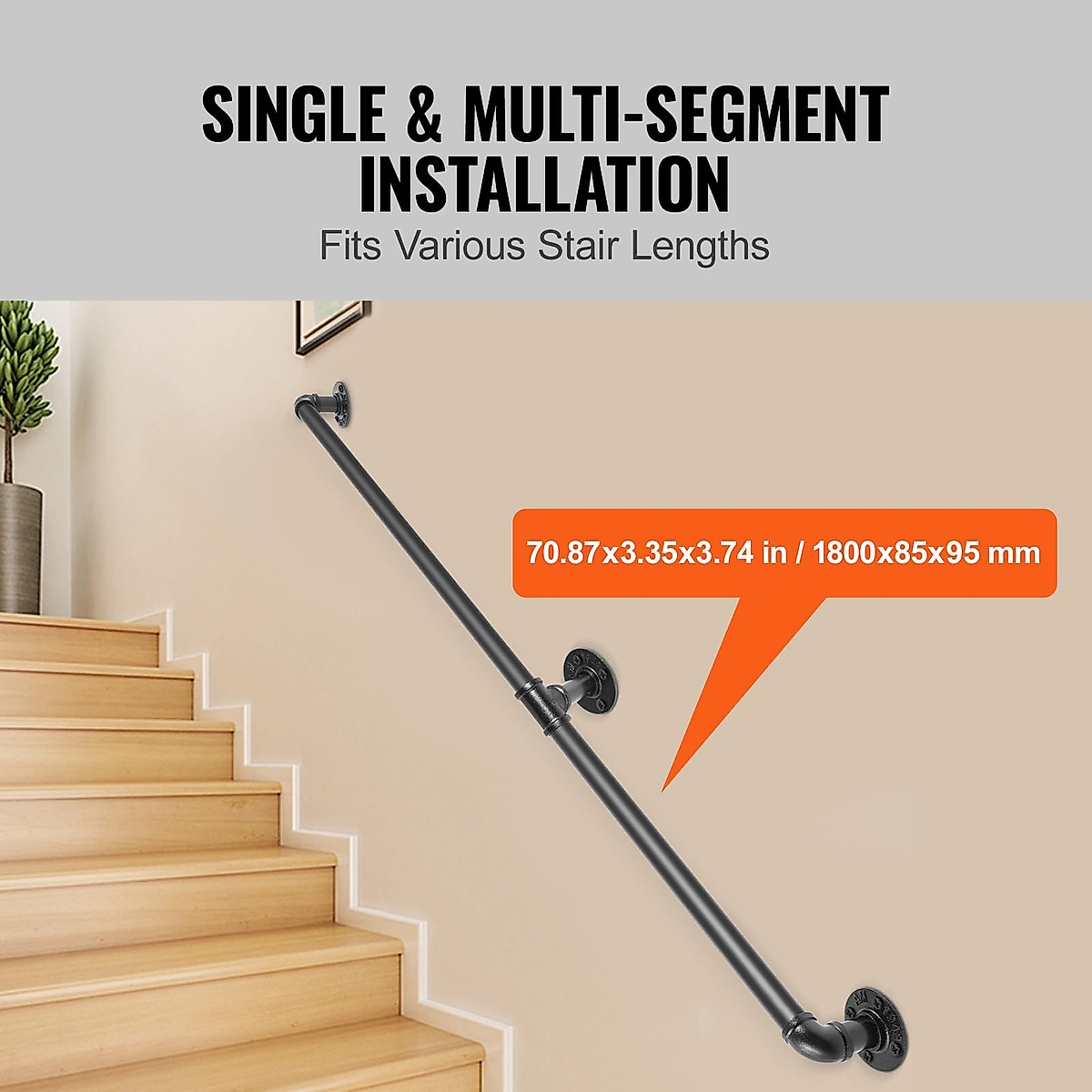 VEVOR Pipe Stair Handrail, 6FT Staircase Handrail, 440LBS Load Capacity Carbon Steel Pipe Handrail, Industrial Pipe Handrail with Wall Mount Support, Round Corner Wall Handrailings for Indoor, Outdoor