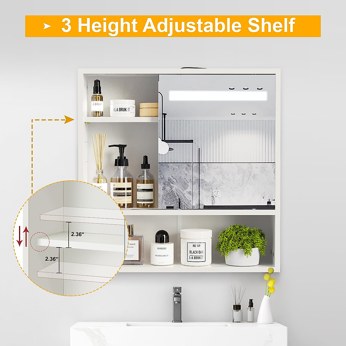 Sunghome Medicine Cabinet Mirror Bathroom Wall Cabinet, LED Light Bathroom Mirror with Storage, Medicine Cabinets with Slid Door and Adjustable Shelf, White, 24'' x 23.6''