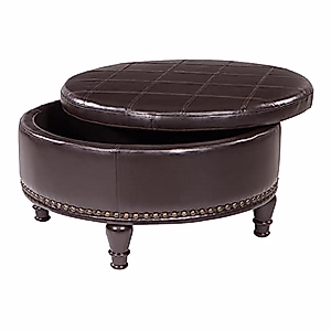 OSP Home Furnishings Augusta Round Storage Ottoman with Decorative Nailheads and Flip Over Lid with Serving Tray Surface, Espresso Faux Leather