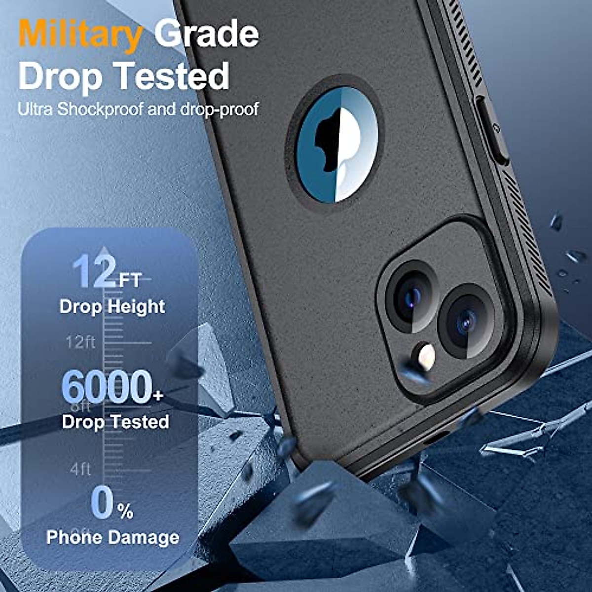 SPIDERCASE [Real 360 Designed for iPhone 13 Case Waterproof, Built-in 9H Tempered Glass Screen Protector [Dustproof] [12FT Military Dropproof][Full-Body Shockproof][IP68 Underwater] Case-Black