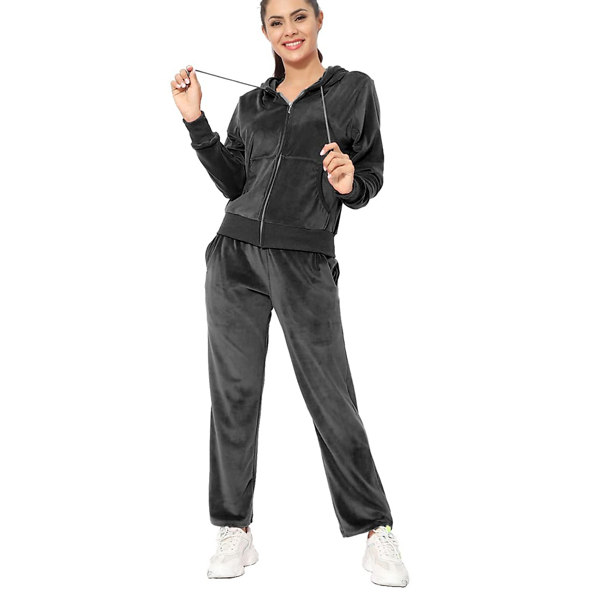 MINANUO Velour Tracksuit Womens 2 Pieces Joggers Loungewear Outfits for Women Black Fashion Cotton Jogging Suits for Women xl Sweatsuits Set Soft Sport Pants(Black 06,XL)