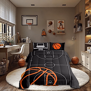 Castle Fairy Basketball Court Print Bedding Set for Boys Girls,Ball Sports Games Themed All Season Cozy Comforter Set Full Size,Orange Basketball and Hoop Duvet Set Home Decor,Children Birthday Gift