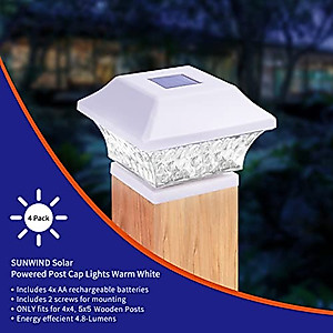 SUNWIND Solar Post Cap Lights Outdoor- 4 Pack LED Fence Post Lights for Wooden Posts Warm White Waterproof for Deck, Patio or Garden Decoration (White)