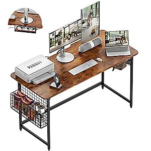 Pamray 47'' Rounded Corner Home Office Desk with Thickened Bottom Crossbar and Cable Trough & Cable Management Simple Computer Desk for Work and Gaming, Vintage Brown