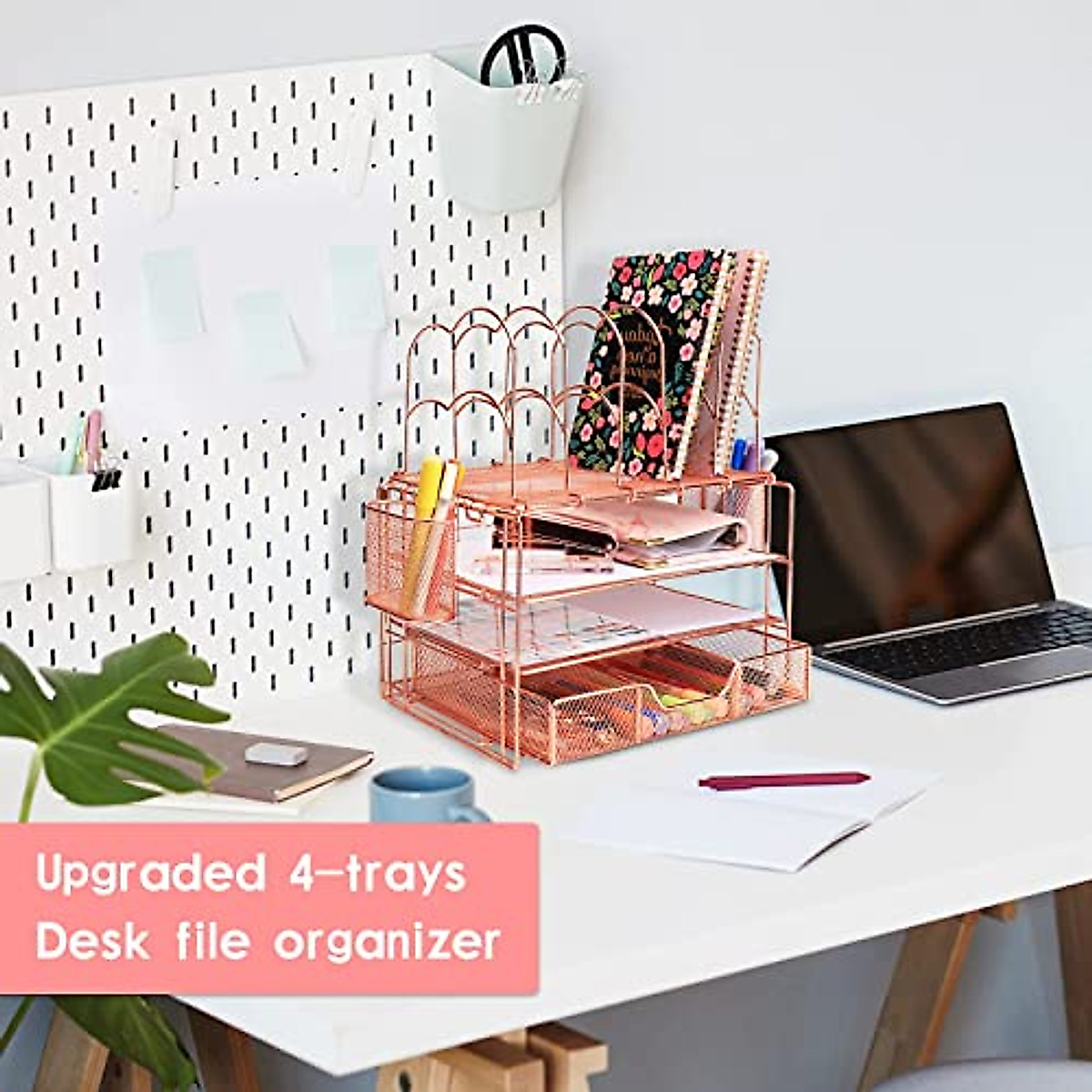 Desk Organizers and Accessories, 4 Tier Desk Organizers with 5 Upright Sections, 2 Pen Holders and Drawer, Desk accessories & workspace organizers, for School Home Office Supplies Organizer, Rose Gold
