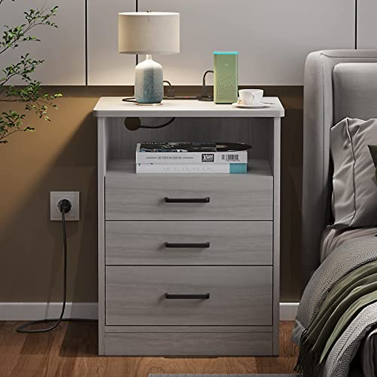Tiptiper Nightstand Set of 2 with Charging Station,Grey Night Stands for Bedroom,Bedside Table with Drawers & USB Ports, 13.8D x 15.8W x 23.6H in