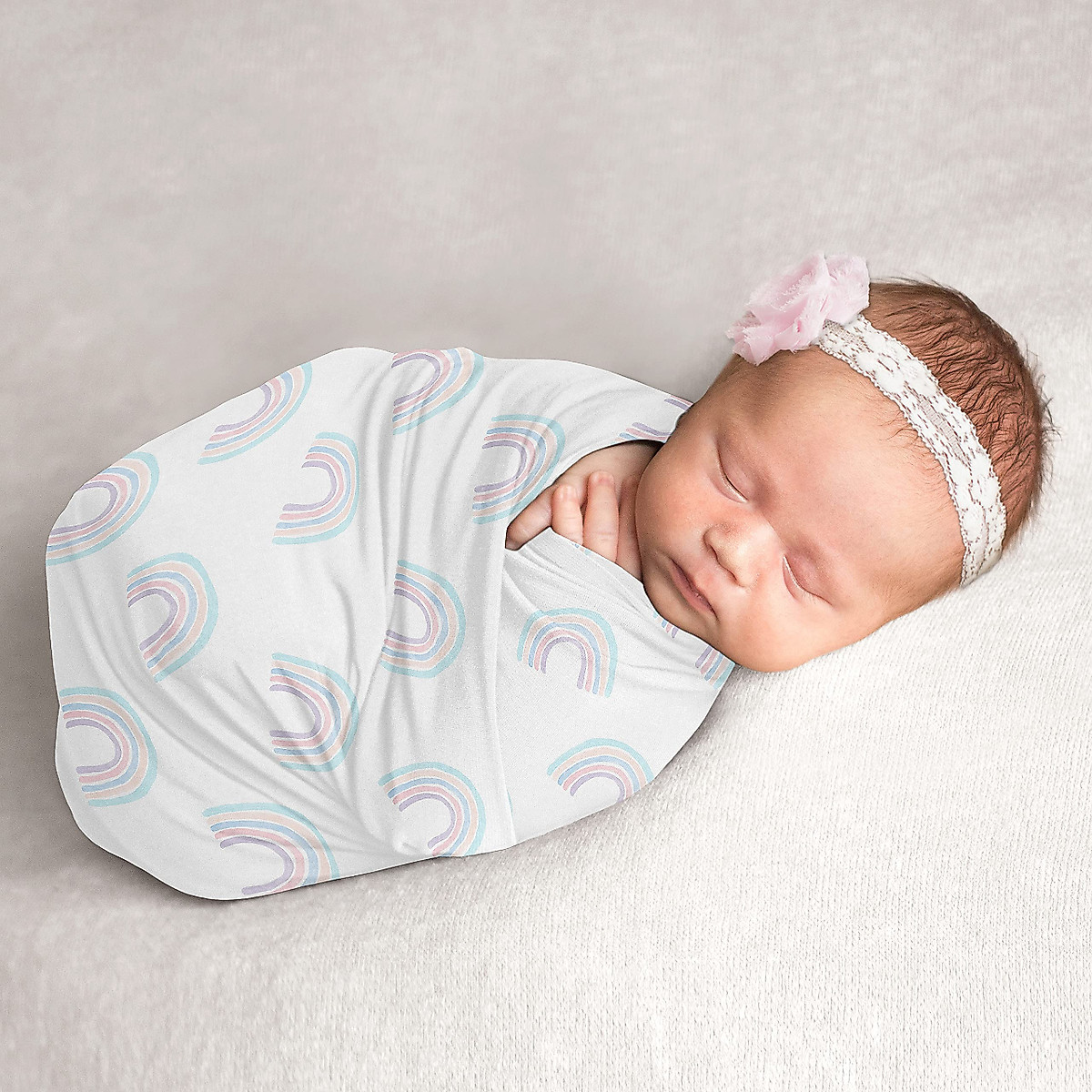 Sweet Jojo Designs Pastel Rainbow Girl Swaddle Blanket Jersey Stretch Knit for Newborn or Infant Receiving Security - Blush Pink, Purple, Teal, Blue and White