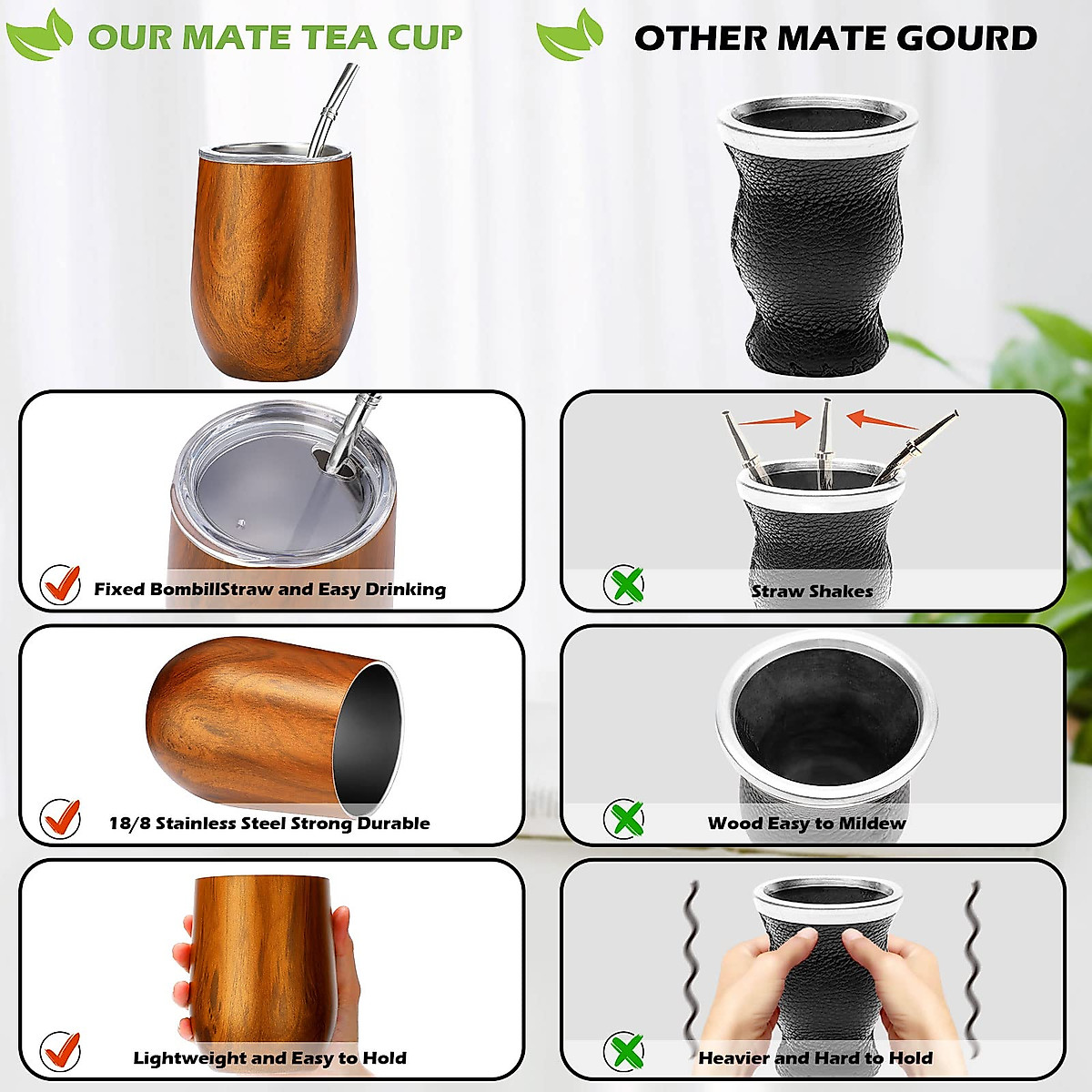 3 Packs Mate Cup and Bombilla Set, Including 12 oz Yerba Mate Cup Stainless Steel Double Walled Mate Tea Cup with Lid, Bombilla Yerba Mate Straw and Cleaning Brush for Yerba Mate, Tea, Coffee, Drinks