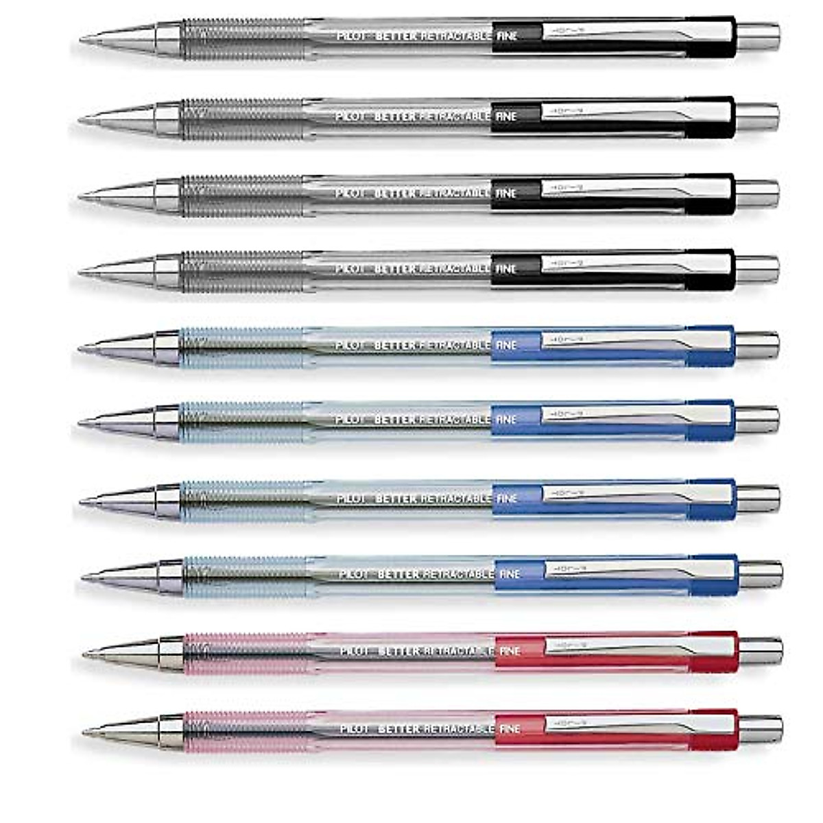 Pilot Better Retractable Ballpoint Pen, Bundle Black, Blue, Red colors Fine Point 07, 10 COUNT