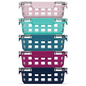 Ello DuraGlass Glass Food Storage Meal Prep Containers with Silicone Sleeve and Airtight Lids, 6 Piece 3 Pack, Mixed Berry