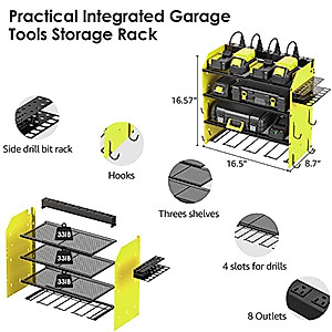 CCCEI Modular 4 Layer Movable Power Tool Organizer with Charging Station. Wall Mount 4 Drill, Tool Battery Holder, Garage Heavy Duty Shelf Rack with Power Strip, Hooks, Screwdriver, Drill Bit Storage