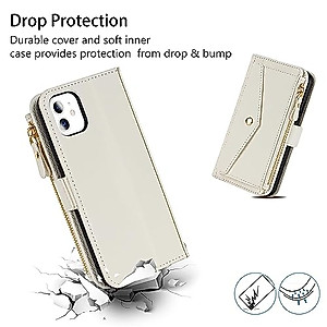 DEYHU for iPhone 11 Phone case Wallet with Zipper Card Holders for Women,iPhone 11 Phone Cases Slots Crossbody Flip Folio Book Cover with Credit Card Holder Men for iPhone11 case - White