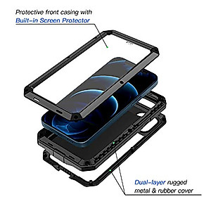 Lanhiem Metal Case for iPhone 12, iPhone 12 Pro (6.1 inch), Heavy Duty Shockproof [Tough Armour] Case with Built-in Glass Screen Protector, 360 Full Body Dust Proof Protective Cover, Black
