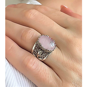 Filigranist 925 Sterling Silver Filigree Art Lace Embroidery Tulip Detailed Women Cocktail Ring with Rose Quartz Gemstone, Luxurious Gift Packed (Rose Quartz, 8)