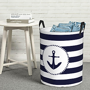Large Laundry Hamper Bag, Anchor Navy and White Nautical Laundry Basket Collapsible Dirty Clothes Storage Washing Bin for Bathroom, Dorm Essentials