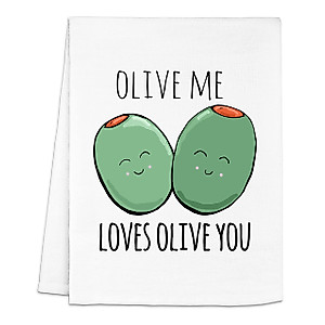 Moonlight Makers, Colorful Funny Dish Towel, Flour Sack Kitchen Towel, Sweet Housewarming Gift, Farmhouse Kitchen Decor (Olive Me Loves Olive You)