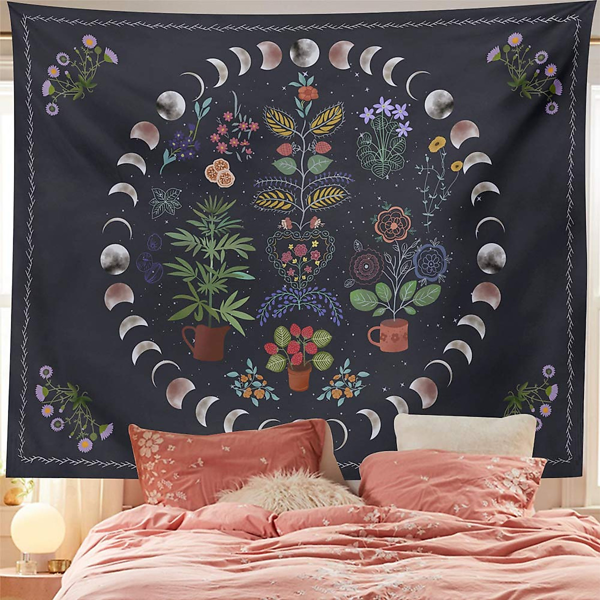 XGXL Botanical Moon Phase Tapestry - Floral Plants Boho Tapestry Wall Hanging Bohemian Mandala Wall Tapestry for Bedroom Aesthetic Home Dorm