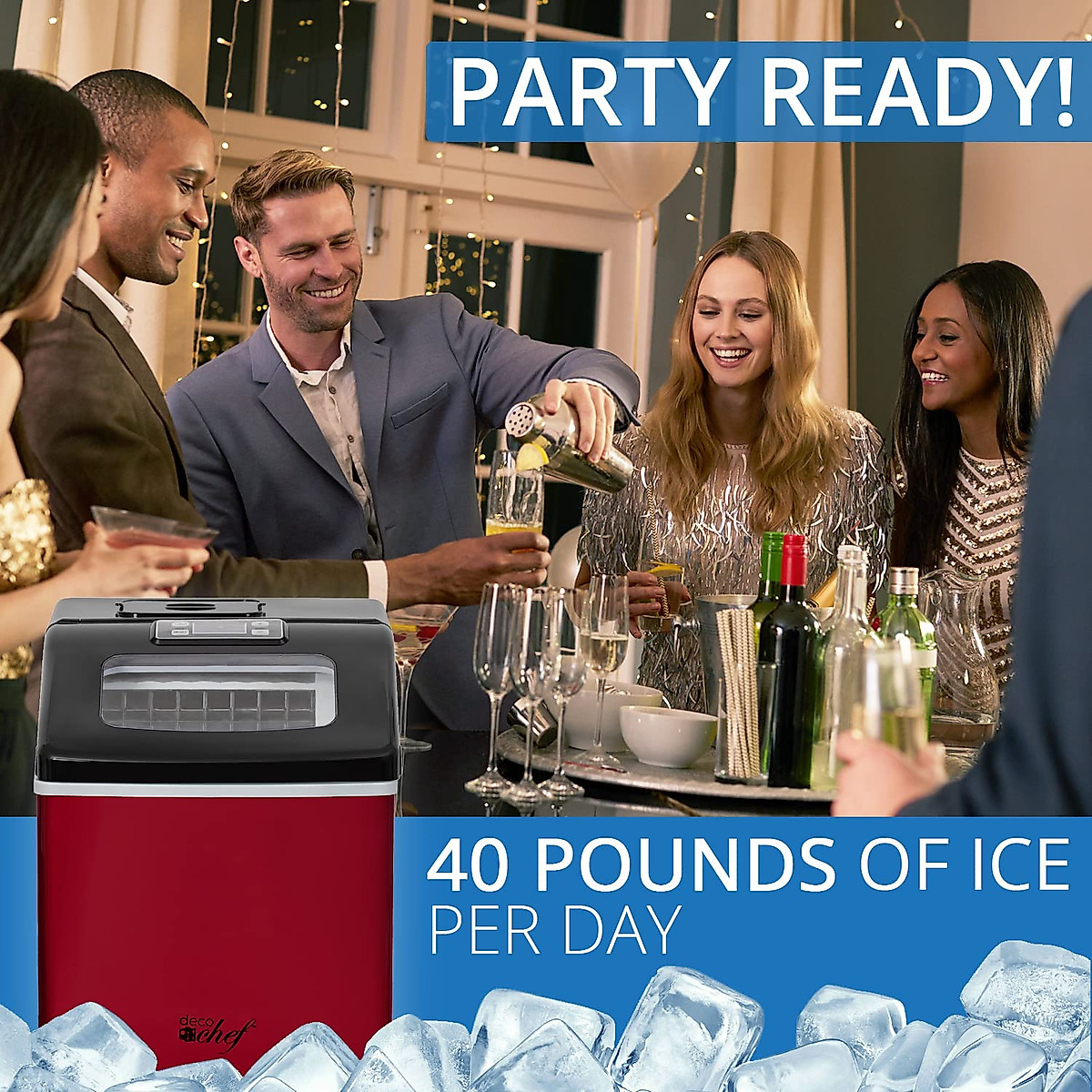 Deco Chef 40LB Countertop Ice Maker for Home, Office, Bars, and Parties, Makes Extra Large Cubes, 2.4 lb of Ice Every 15-20 Minutes, Self Cleaning, LCD Status Indicator, Adjustable Cube Size, Red