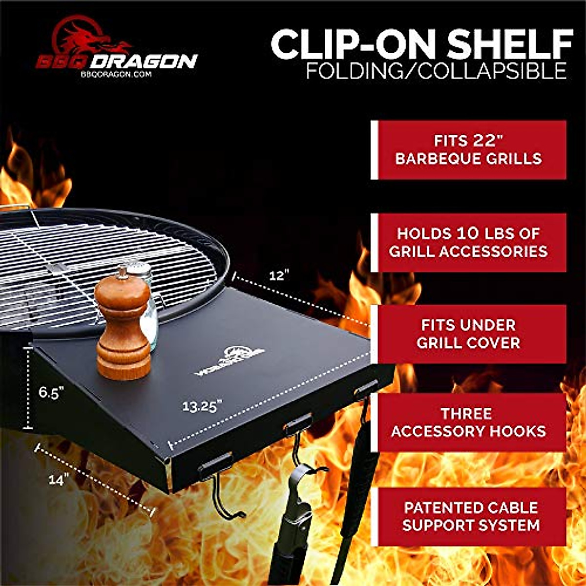 BBQ Dragon Grill Table - Fits 22" Weber Charcoal Grills, Weber Grill Accessories - Strong & Sturdy BBQ Table Shelf, Kettle Table - Weber Kettle Grill Accessories Folds to Store Inside Barbecue Grill