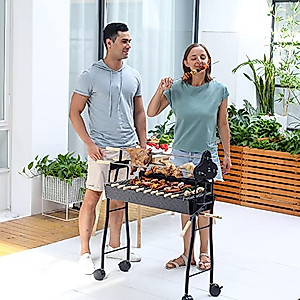 Outsunny Portable Charcoal BBQ Grills Steel Rotisserie Outdoor Cooking Height Adjustable with 4 Wheels Large/Small Skewers Portability for Patio, Backyard, Black