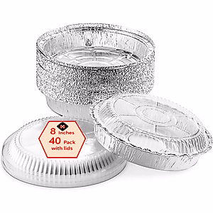 Mr Miracle Pack of 40 Disposable Aluminum Foil Pans with Clear Lids –8 Inch Circular Aluminum Pans, Ideal for Baking, Storing, Heating, Serving - Round Foil Pans with Lids
