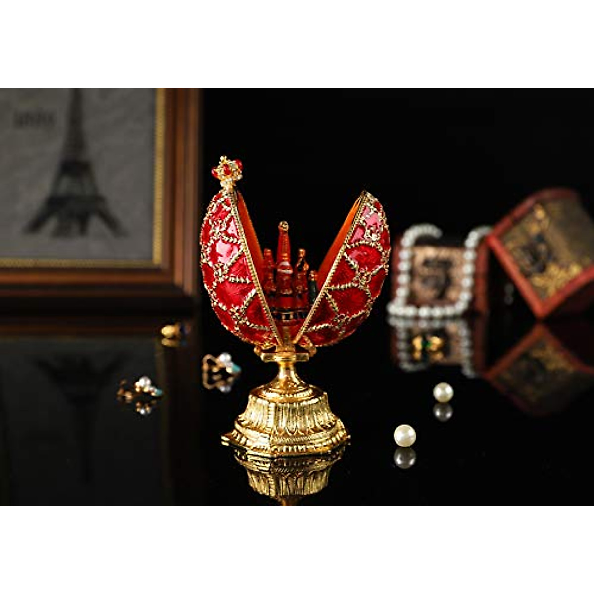 QIFU Hand Painted Enameled Faberge Egg Style Decorative Hinged Jewelry Trinket Box Unique Gift For Home Decor