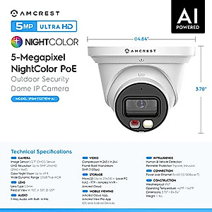 Amcrest AI Turret IP PoE Camera w/ 49ft Nightvision, Security IP Camera Outdoor, Built-in Microphone, Human & Vehicle Detection, Active Deterrent, 129° FOV, 5MP@20fps IP5M-T1277EW-AI