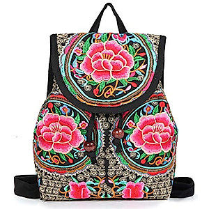Embroidery Backpack Purse for Women Vintage Handbag Small Drawstring Casual Travel Shoulder Bag Daypack