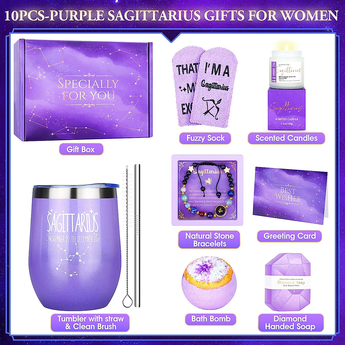 10PCS Birthday Gifts for Women - Sagittarius Gifts for Mom, Wife, Girlfriend, Sister - Self Care Package, Get Well Soon, Mothers Day