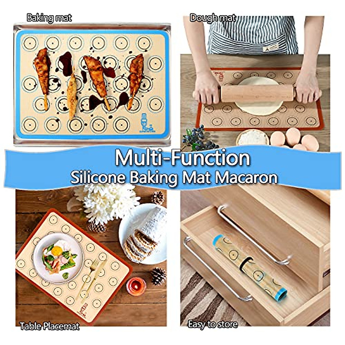 Silicone Baking Mat Macaron - Set of 3 (2 Half Sheet Liners and 1 Quarter Sheet), Non Stick Silicon Cookie Oven Liner For Macaroons, Bake Pans, Pizza, Toaster, Cake and Bread Making (Red,Blue,Gray)