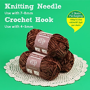 LUNARM 3 * 100g Chenille Yarn, Yarn for Crocheting Knitting with Big Eye Needles, Handcrafts Weaving Soft Chenille Yarn for Making Blankets, Clothes, Pattern Knitting Creations (Brown)