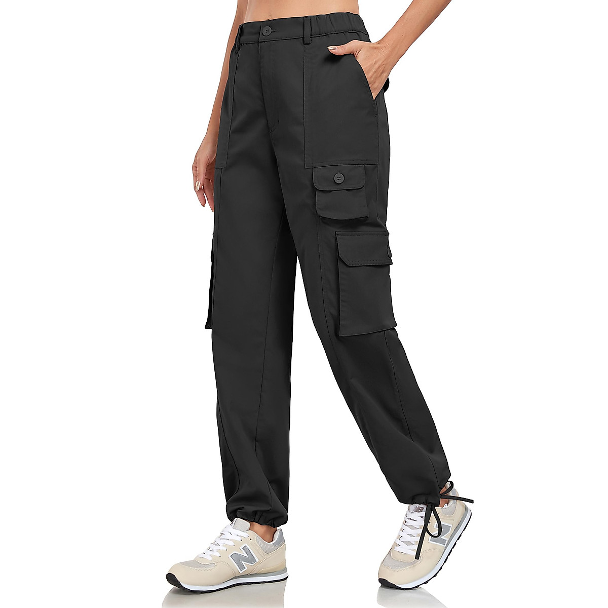 VEOBIKE Women’s Cargo Work Pants Elastic Waist Straight Leg Baggy Casual Hiking Pants Cotton Military Pants 7 Pockets Black