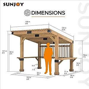 Sunjoy Wooden Grill Gazebo 10 ft. x 11 ft. Outdoor Cedar Frame BBQ Pergola for Backyard and Hot Tub With Privacy Screen and Large Bar Shelves