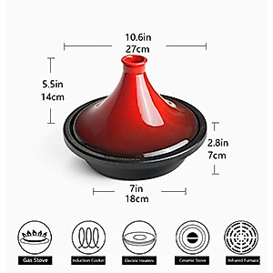 1.7L Enameled Cast Iron Tagine Pot Moroccan Cooking Pot, Tajine Cookware with Cone-Shaped Closed Lid for Stew Casserole Slow Cooker (Red)