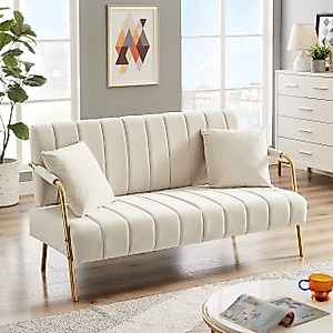 Majnesvon 61" Modern Loveseat Sofa Couch,Cashmere Fabric Small Love Seat w/2 Pillows and Metal Legs,2-Seater Upholstered Mini Sofa Couches for Small Space,Living Room Bedroom Apartments (White)