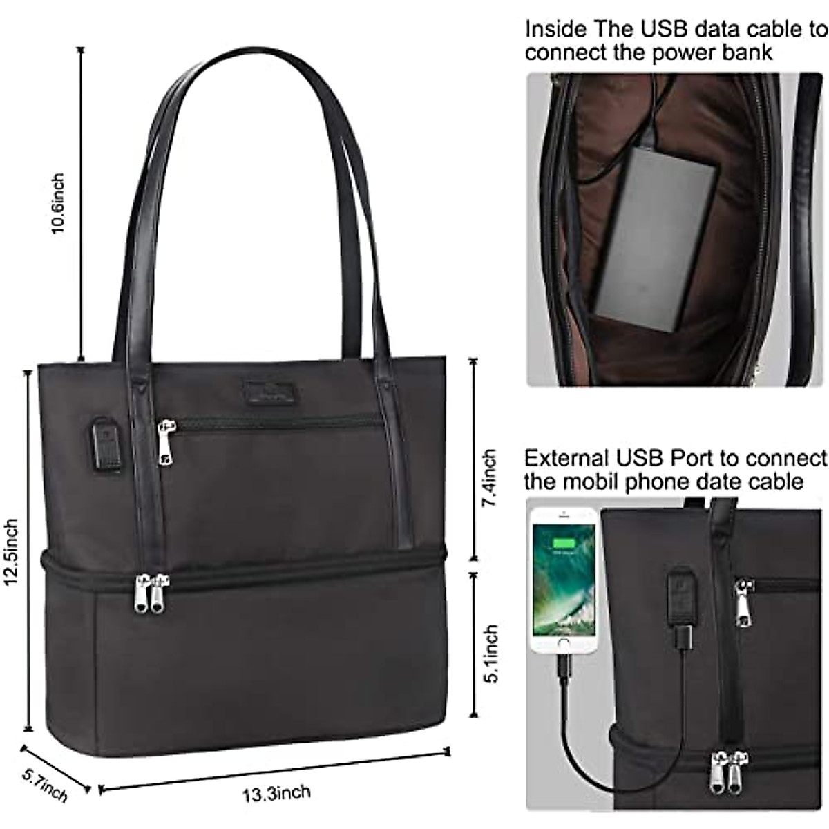 MONSTINA Lunch Tote Bag for Women Men,Large 2 Layer Lunch Bag with USB Port Thicken Aluminum Foil Reusable Lunch Box for School Office