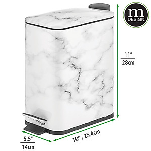 mDesign Slim Metal Rectangle 1.3 Gallon/5 Liter Trash Can with Step Pedal, Easy-Close Lid, Removable Liner - Narrow Wastebasket Garbage Container Bin for Bathroom, Bedroom, Kitchen - White Marble
