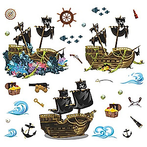 4 Sheet Pirate Ship Wall Sticker Shipwreck Wall Decal DIY Self-Adhesive Waterproof Waves Treasure Fish Hook Pearl Coral Reef Wall Art Decoration for Kitchen Bathroom Kids Boys Bedroom Playroom Nursery (A)