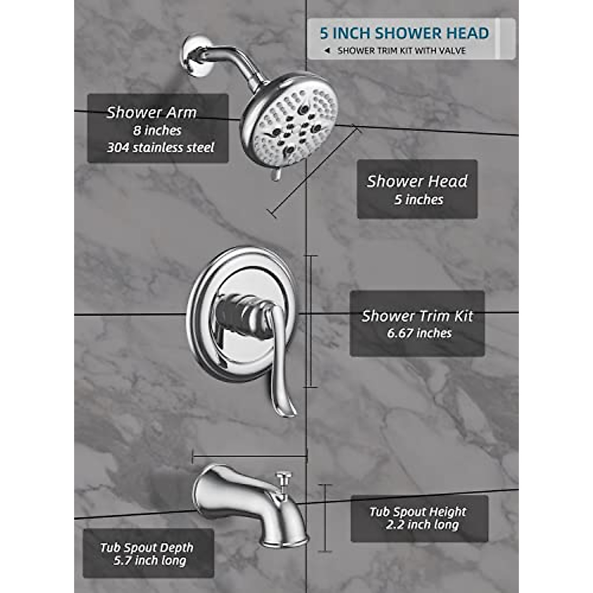 Shower System with Tub Spout, Bathroom Rain Mixer Shower Combo Set, Single Handle Shower Faucet with Valve, Chrome
